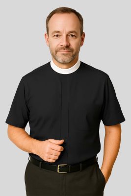 Black Short Sleeve Neckband Clergy Shirt for Formal Wear