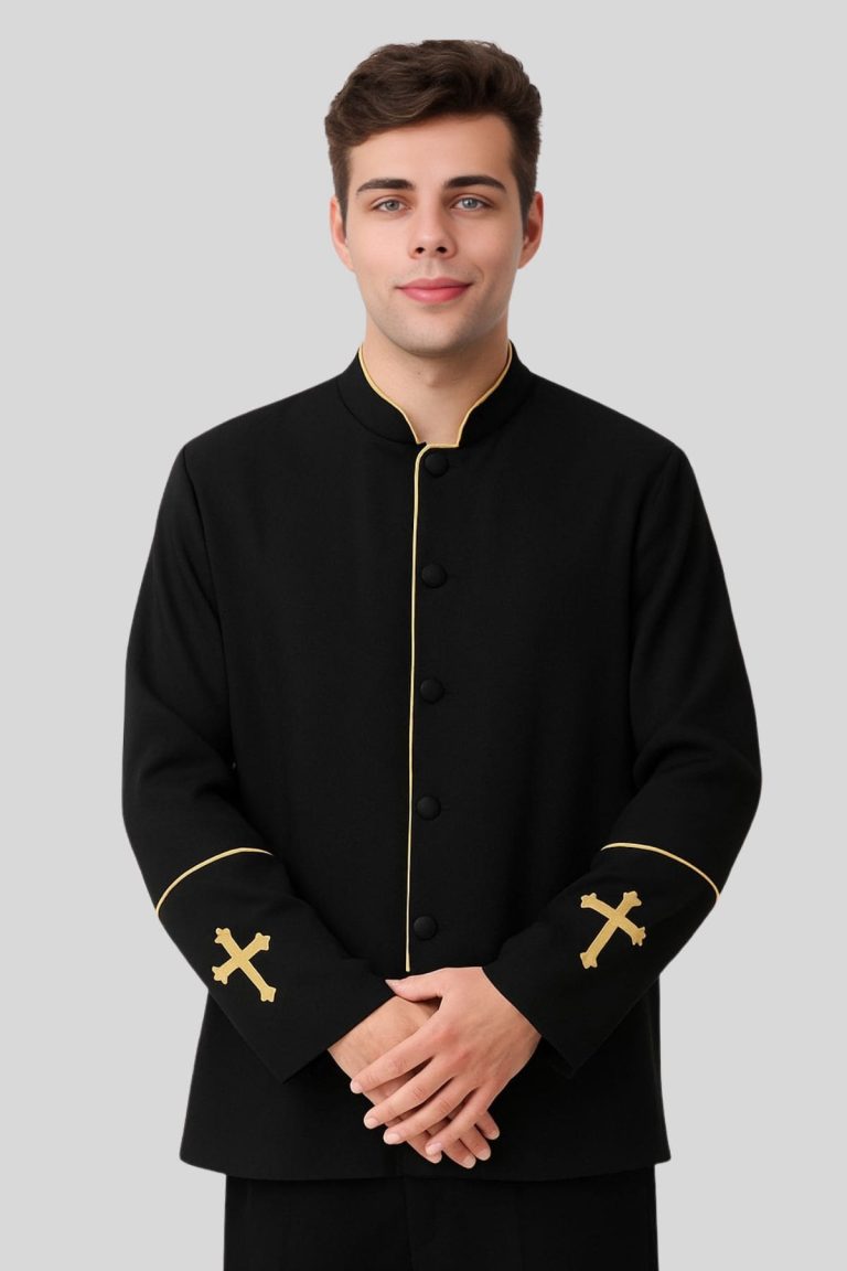 Men's Preacher Clergy Jacket In White & Golden Trim