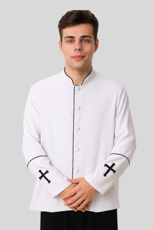 Men's Preacher Clergy Jacket In White & Golden Trim